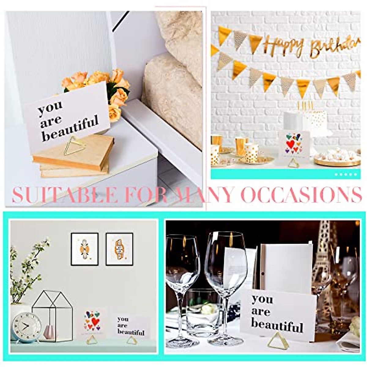 100 Pcs Place Card Holder Triangle Shape Table Number Holder Wedding Table Card Holders Mini Name Card Holder Place Setting Holder Picture Clips Stand for Centerpiece Anniversary Party(Gold)