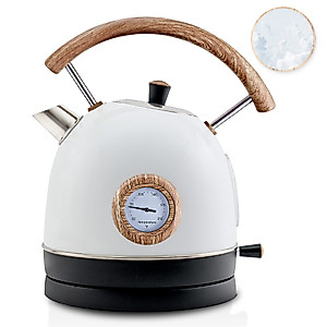 Electric Tea Kettle, Hot Water Boiler with Thermometer 1.7 Liter Stainless Steel Teapot, BPA Free, 1500W, SMOLON Wood Pattern Handle Pour-Over Electric Kettle with LED Indicator Auto Shut-Off, White