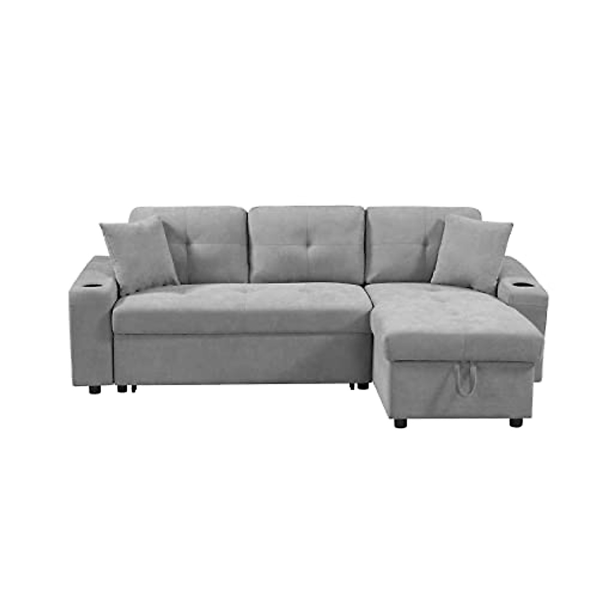 Cotoala L-Shape Sectional Sofa with Pull-Out Bed and Storage Space, Right Chaise Longue Convertible Sleeper Couch w/ 2 Cup Holders & Side Pockets, for Living Room, Apartment, 92", Gray