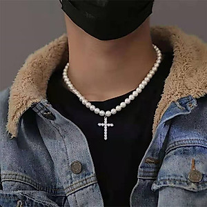 HILOLOA Pearl Necklace Cross Pendant Pearl Choker Necklaces Round White Fashion Pearl Necklace Hip-Hop Retro Cross Pendant Necklace for Women Men -cross