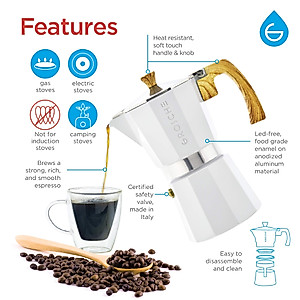 GROSCHE Milano Stove top espresso maker (9 espresso cup size 15.2 oz) White, and battery operated milk frother bundle for lattes
