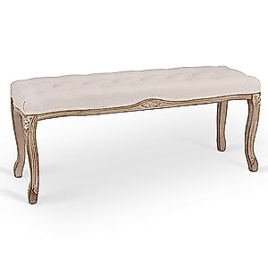 VONLUCE French Vintage Bench with Padded Seat & Rubberwood Legs, 44" Upholstered Entryway Bench & Dining Bench, Tufted Fabric End of Bed Bench for Bedroom Living Room Hallway More, Beige