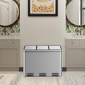 GarveeHome 12 Gallons Rectangular Recycling Trash Can with 3 Compartments, Silver, 45 Liters (4+4+4Gallons)