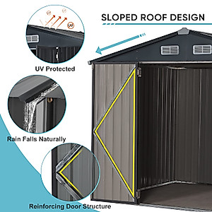 Verano Garden 8'x6' Outdoor Storage Shed, Galvanized Metal Steel Garden Shed with Upgrade Window, Double Door W/Lock, Bike Storage for Backyard, Patio, Lawn (96.85"x63.39"x77.56")