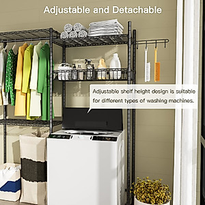 Ulif over Washer and Dryer Shelves, Laundry Room Storage Rack, Laundry Space Saver with Wire Basket and 2 Hooks, 57.8" L x 13.4" D x 76.7" H, Black