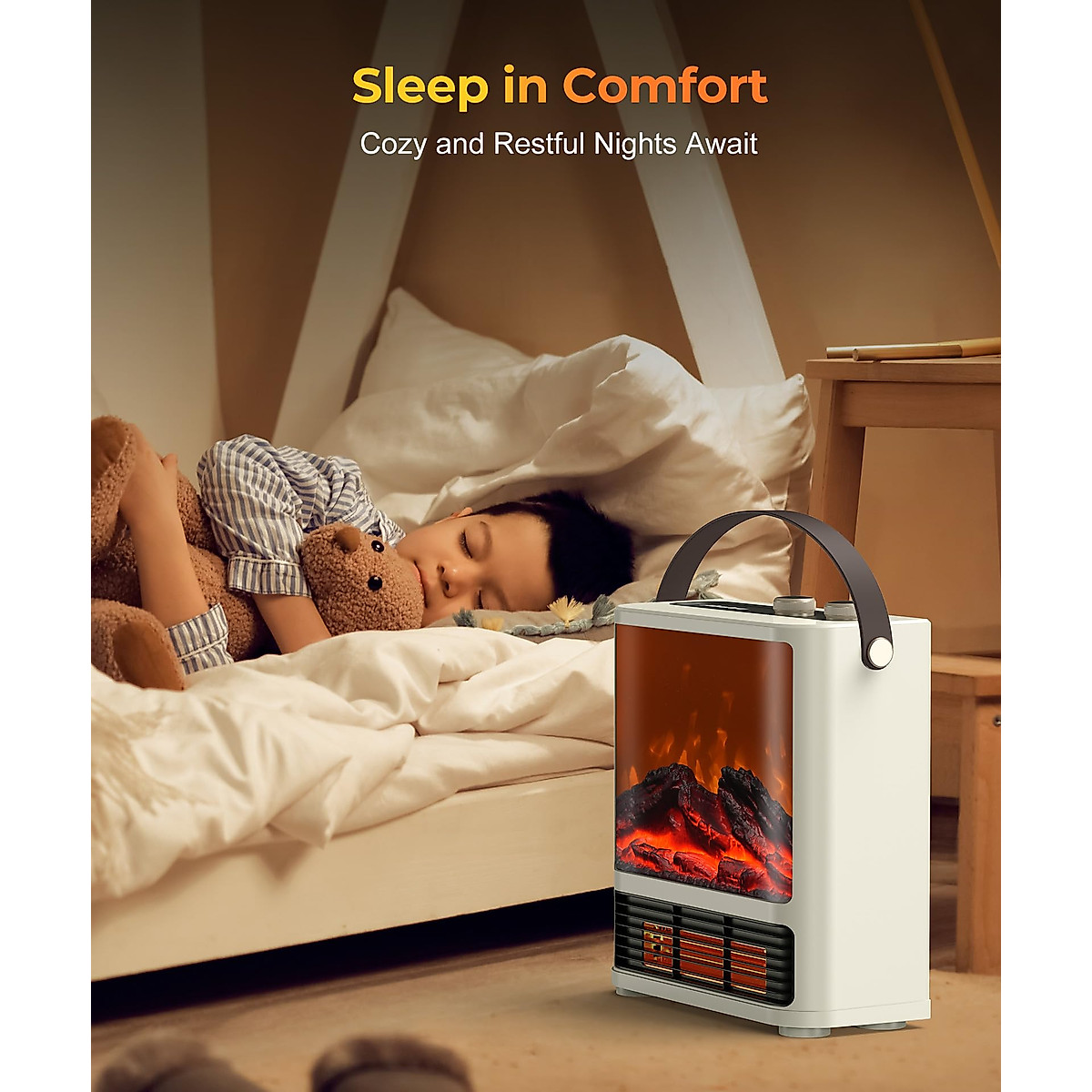 Fireplace Heater, Fireplace Space Heater for Indoor Use, Space Heater with Realistic 3D LED Flame, 2 Modes, Overheating & Tip-Over Protection, 1500W Fireplace Electric Heater for Bedroom White