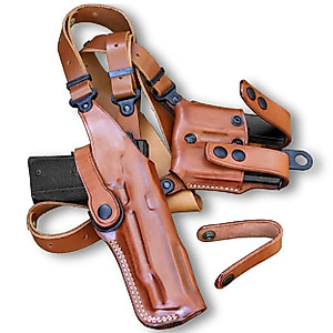 Premium Leather Vertical Shoulder Holster System with Double Magazine Carrier Fits Standart 1911 5'' BBL Colt, Kimber, para, Springfieldd, R/H Draw Brown Color