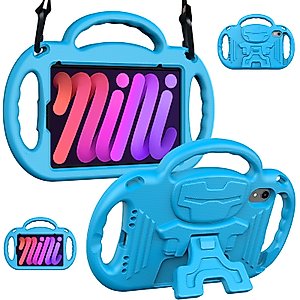 LTROP Kids Case for 2024 iPad Mini 7 & 2021 iPad Mini 6, Shockproof Handle Stand Shoulder Strap Kids Bumper Case for iPad Mini Tablet, Blue