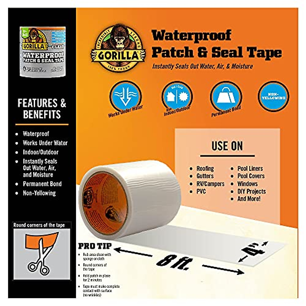 Gorilla Waterproof Patch & Seal Tape, 4" x 8', Clear, (Pack of 2)