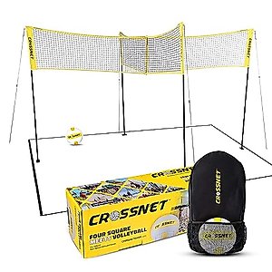 CROSSNET Quick Assemble 4 Square Volleyball Game Set for Adults and Kids with Volleyball Net, Backpack and Ball for Outdoor Games