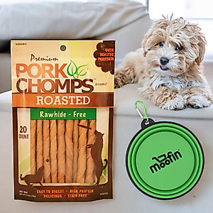 Pork Chomps Dog Chews, Roasted Skin Dog Chews Bundled with Silicon Pet Bowl - 5-Inch Mini Dog Treat Sticks, Healthy Natural, Promotes Dental Health, Long-Lasting [Pack of 4]
