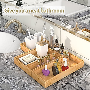 Bamboo Drawer Organizer Storage Box Kitchen - Wood Stackable Tray Set of 2 (9x6x2 inch)