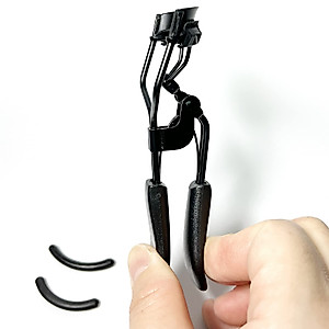 Eyelash Curler with Built in Comb, Eyelash Comb Curlers with Brush Mascara Applicator with 2 Replacement Silicone Refill Pads Separates False Lashes Makeup Tool Stainless Steel Metal Black