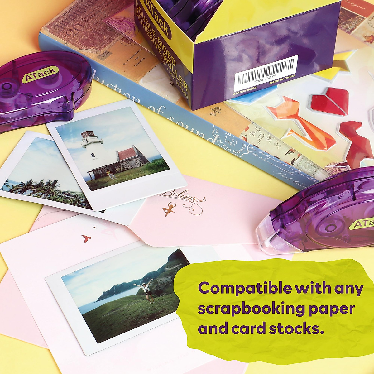 ATack Double Sided Tape Adhesive Runner Roller, 0.3-inch by 360-Inch, 4-Pack, Permanent Double-Sided Adhesive Tape Dispenser for Scrapbooking, Card Making and Crafts | Acid-Free and Archival-Safe