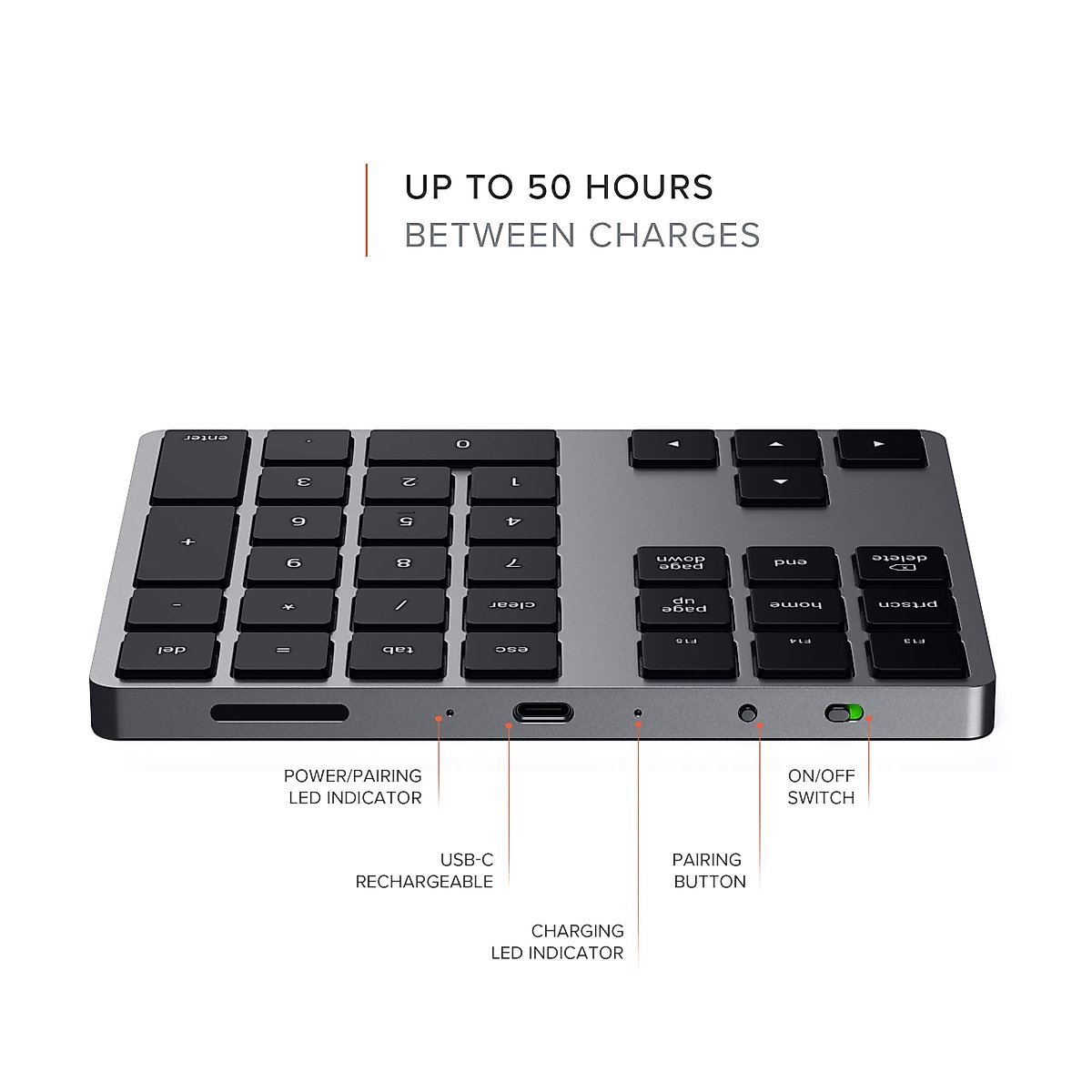 Satechi Bluetooth Extended Numeric Keypad – Slim Rechargeable 34-Key Numberpad – for M4/M2/M1 MacBook Pro/Air, M4/M2/M1 iPad Pro/Air, M2 Mac Mini, iMac M1/M4 (Space Gray)