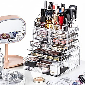 DreamGenius Makeup Organizer 3 Pieces Acrylic Cosmetic Storage Drawers Organizer for Vanity and Bathroom, Stackable Cosmetic Organizer Countertop with 8 Drawers