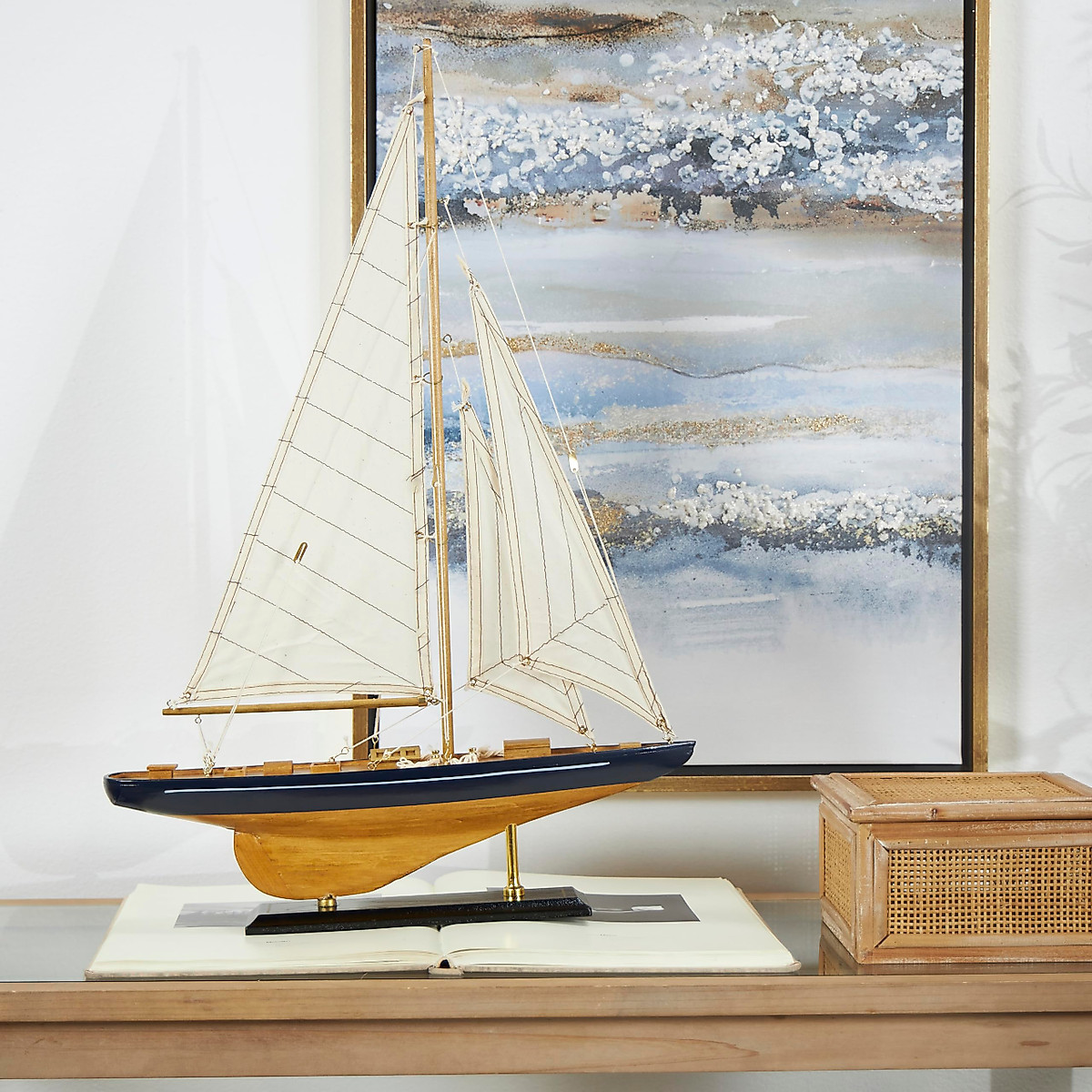 Deco 79 Wood Sail Boat Sculpture with Lifelike Rigging, 17" x 4" x 21", Beige