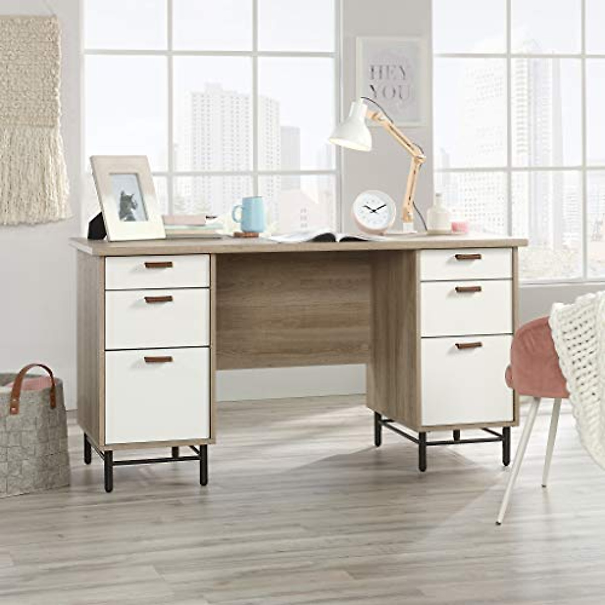 Sauder Anda Norr Executive Desk, L: 56.3" x W: 22.13" x H: 29.53", Sky Oak Finish