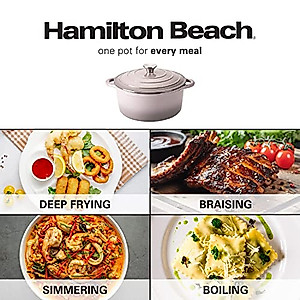 Hamilton Beach Enameled Cast Iron Dutch Oven 5.5-Quart Gray, Cream Enamel Dutch Oven Pot with Lid, Cast Iron Dutch Oven with Even Heat Distribution, Safe Up to 400 Degrees, Durable