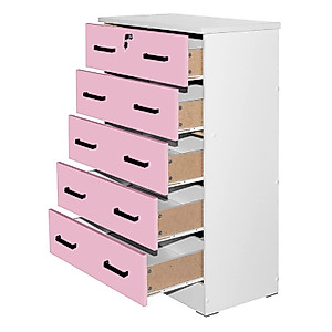 Better Home Products Cindy 5 Drawer Chest Wooden Dresser with Lock in Pink