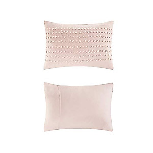 Comfort Spaces 100% Comforter Set Cotton Jacquard Pom Tufts Design Hypoallergenic Down Alternative, All Season Modern Bedding, Matching Shams, Full/Queen, Phillips, Blush