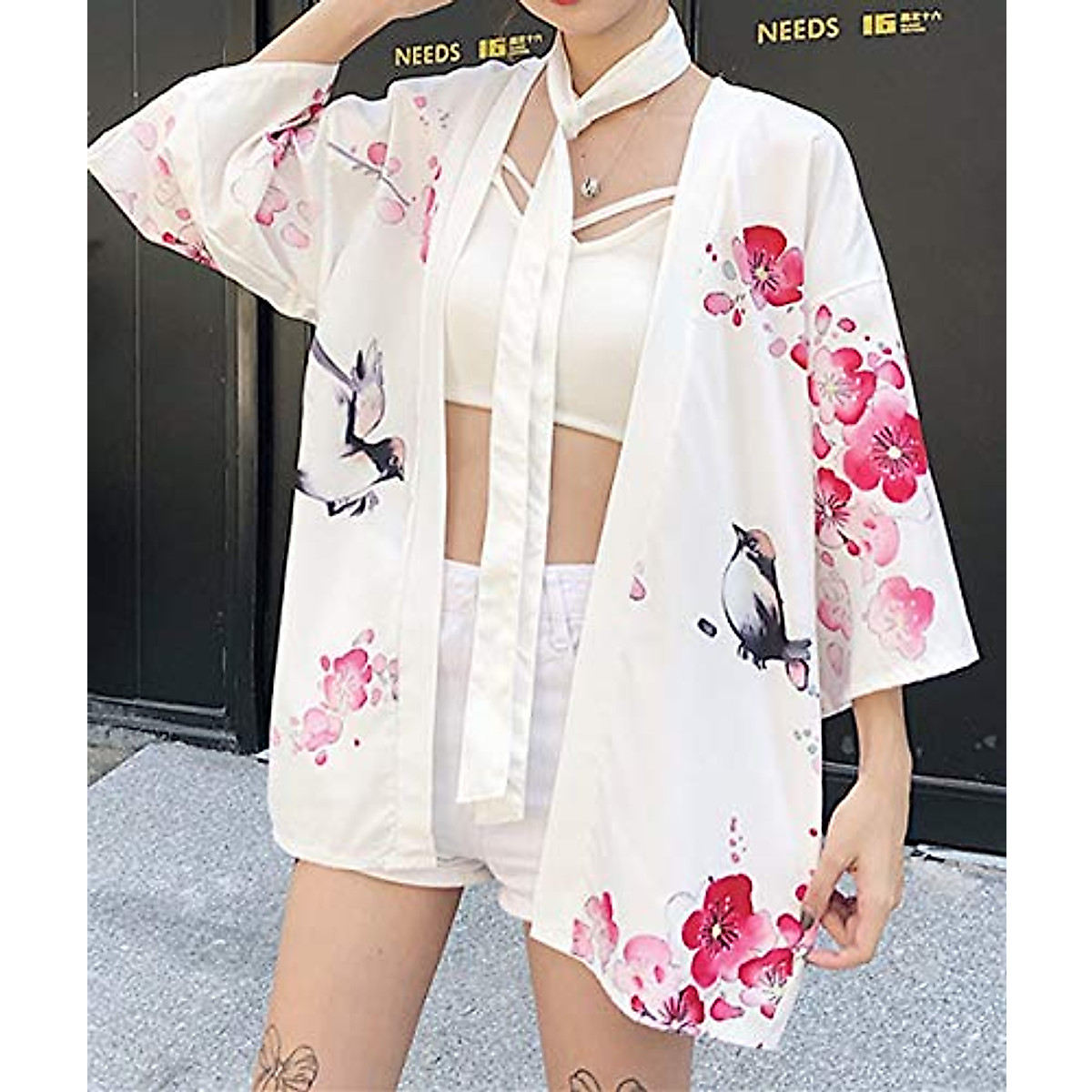 LAI MENG FIVE CATS Women's Floral Print Puff Sleeve Loose Blouse Japanese Kimono Cover up Casual Cute Tops