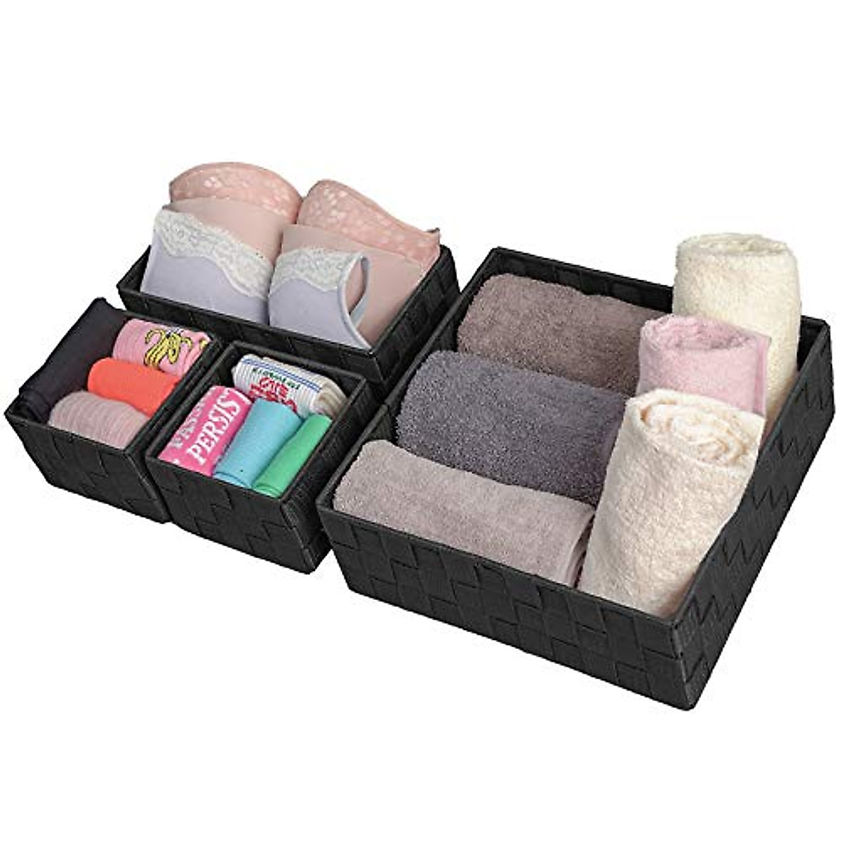 VK Living Woven Storage Box Basket Bin Container, Woven Strap Basket, Nylon Woven Box Basket, Underwear Bra Storage Organizer Divider for Drawer, Dresser, Closet, Black, Set of 4