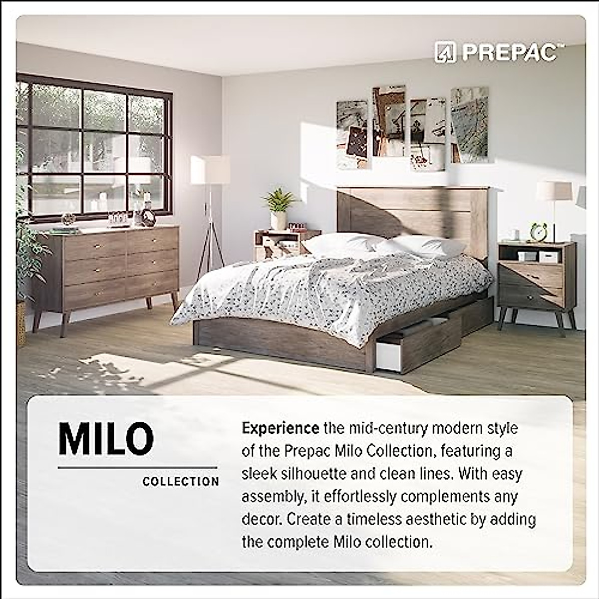 Prepac Milo 2-drawer Tall Nightstand with Open Shelf, Drifted Gray