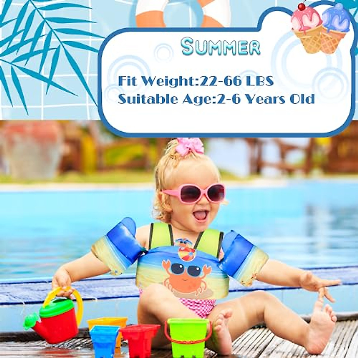 Elejolie Toddler Swim Vest for Child Learn Swiming Training,Infant Safety Swimmies Aid Jacket for Kids 2 3 4 5 6 Years Old,Arm Water Wings for Baby 22-66lbs