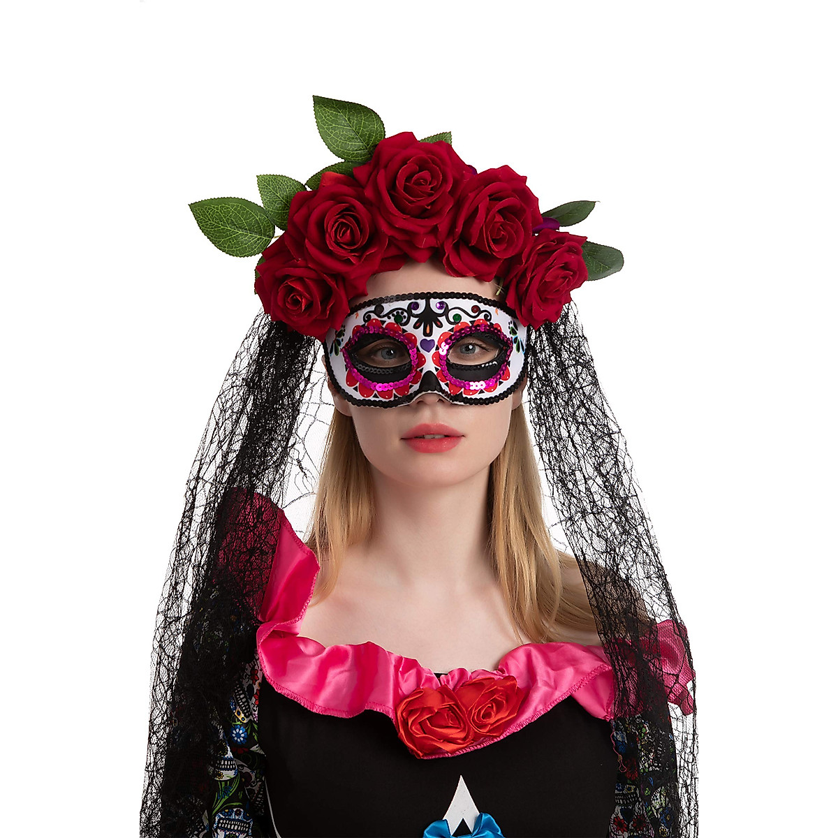 Spooktacular Creations 2 Pcs Day of The Dead Accessories Set with Rose Flower Crown Headband and Masquerade Eye Mask for Halloween Party and Mexican Dia Muertos Costume Accessories