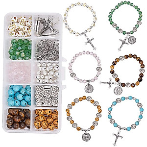 SUNNYCLUE 1 Box 276Pcs Rosary Cross Charms Round Cross Beads Beading Bracelets Making Kit DIY Synthetic Turquoise Beaded Adjustable Stretch Rosary Bracelet Kits Cross Beads Craft Kit Instruction