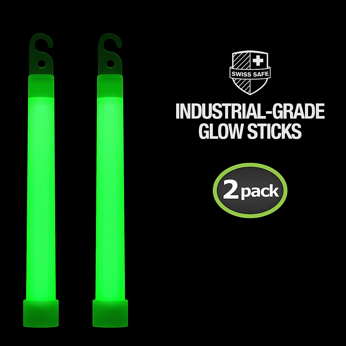 Swiss Safe Premium 6" Glow Sticks - Extra Bright, 12+ Hour Duration, Emergency Ready (Green 2-Pack)