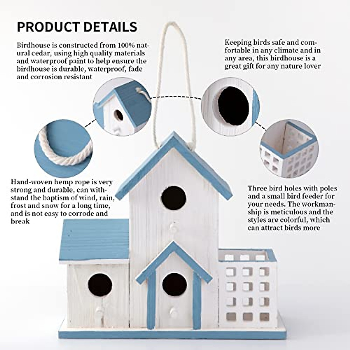 HHWODB Birdhouse Premium Bluebird Houses for Outside Attract Beautiful Birds to Your Garden and Yard Durable Outdoor Birdhouses 3 Hole Bird Houses for Outside Hanging