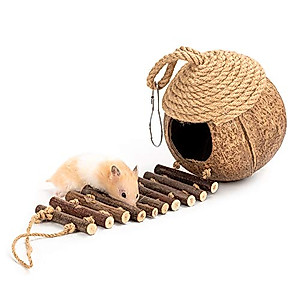 andwe Coconut Bird Nest Hut with Ladder for Parrots Parakeet Conures Cockatiel - Small Animals House Pet Cage Habitats Decor