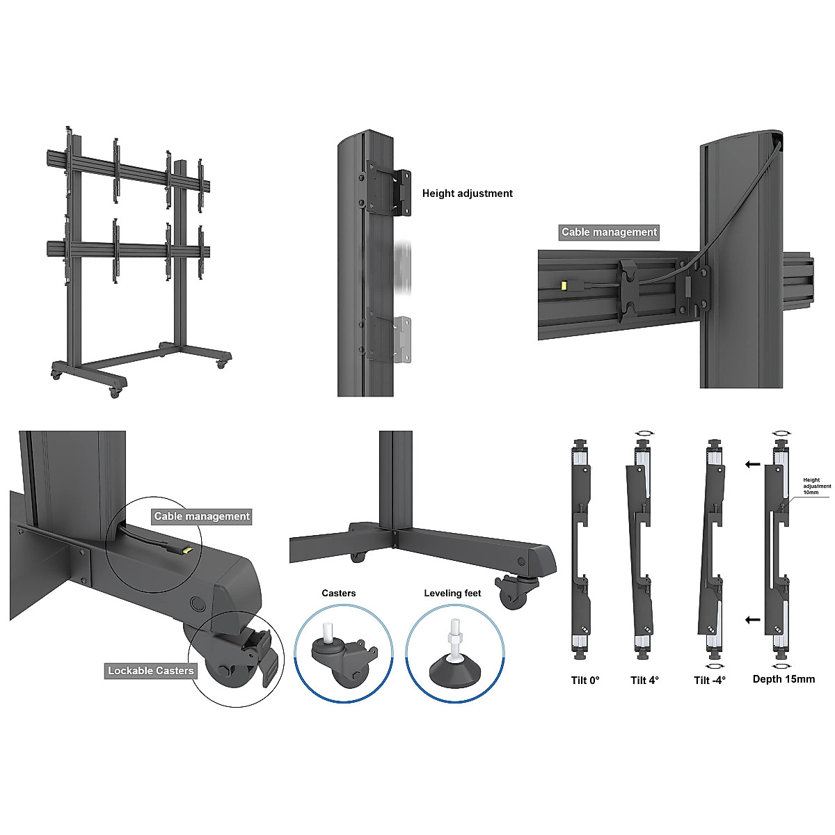 2x2 Rolling Video Wall Mount Cart Display with Micro Adjustment Arms Vesa Universal TV Television