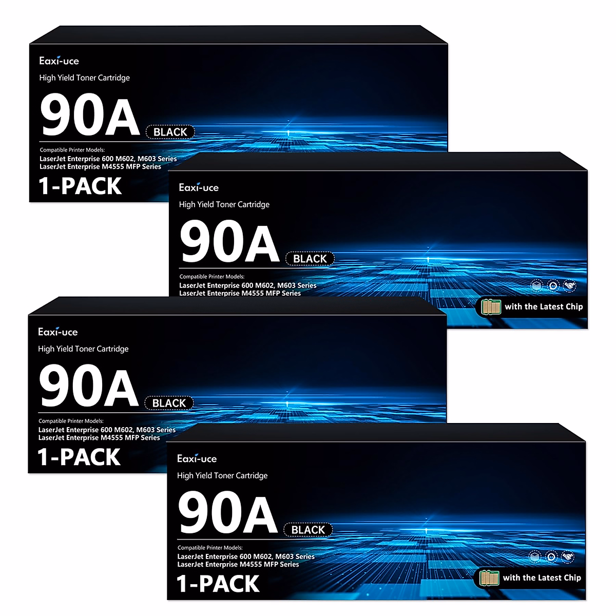 CE390A 90A Black Toner Cartridge with CHIP 4-Pack: 90A Toner Cartridge Replacement for HP90A Black Toner Works with Laser Enterprise 600 M602, M603 Series; Laser Enterprise M4555 MFP Series Printer