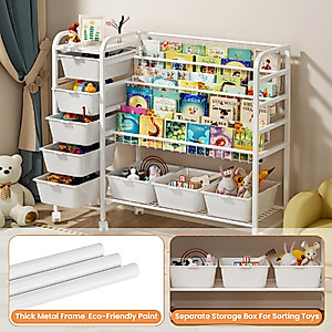 EXPERLAM Kids Bookshelf with Toy Storage Organizer, 48 Inch Large Metal Kids Book Rack with 8 Toy Storage Bins, 2-in-1 Toy and Book Organizer with Wheels, Book Shelf for Kids Room, Nursery, Playroom