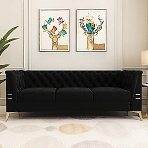 Gooamz Black Velvet Couch Sofa, 82 Inch Wide Modern Tufted Chesterfield Sofa with Flared Arms and Golden Metal Legs, Upholstered 3-Seater Sofa Large Comfy Couches for Living Room (Black)