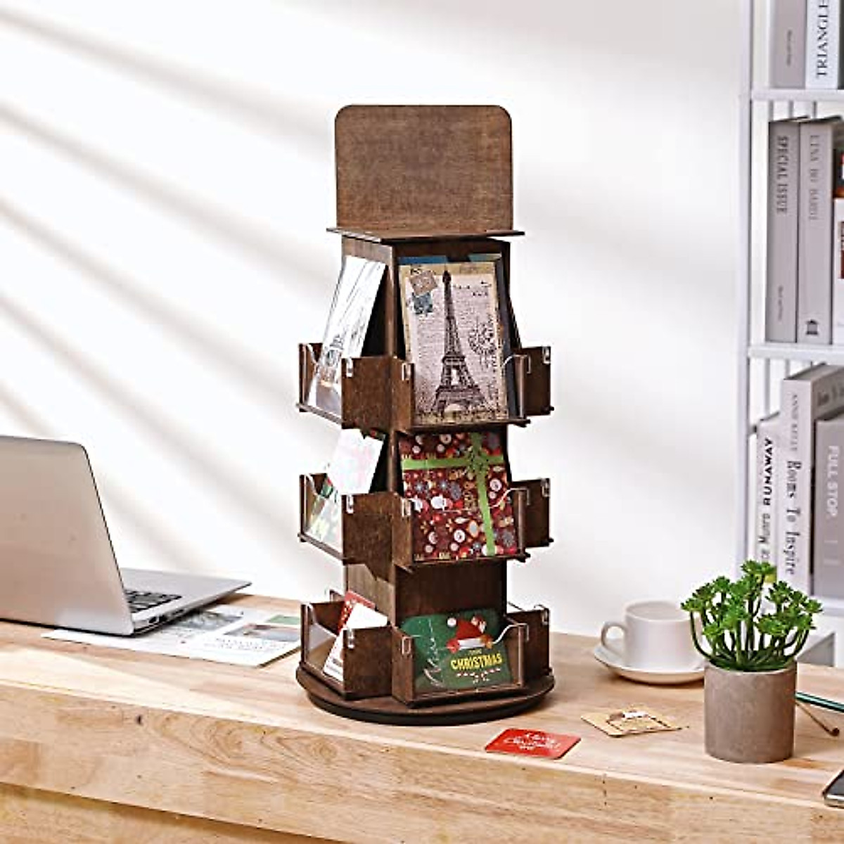 Rotating Display Stand 3 Tier Wood Rotating Rack 4 Sided Display Rack Counter Top Spinner Display Stand 360 Degree Rotating Tabletop Display Stand for Retail Trade Shows Craft Shows Showcase (Brown)