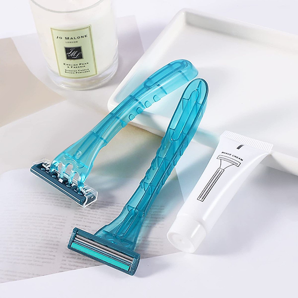 100 Pack Disposable Razors Individually Wrapped, Razors Bulk, Twin Stainless Steel Blade Razors for Hotel, Travel, Airbnb, Homeless (Blue)