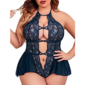 Avidlove Womens Plus Size Lingerie Lace Bodysuit Teddy Deep V One Piece Lace Babydoll Navy Blue