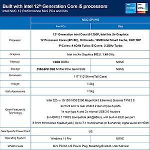 Intel NUC 12 Pro,Latest NUC12WSHi5 Desktop Computer Mini PC(12Core i5-1240P & 4.4GHz 16GB RAM 256GB NVMe SSD,Iris XE Graphics) with Vesa Mounting Bracket, 2xThunderbolt4/WiFi6E/BT5.2/8K/Win11 Pro