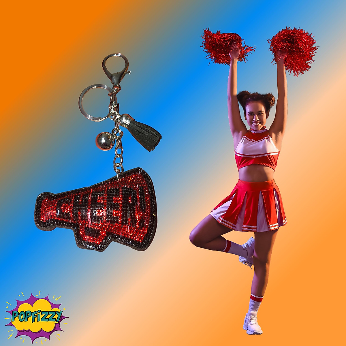 Popfizzy Bling Cheer Keychain for Girls and Women, Rhinestone Cheer Bag Charm, Cheerleader Gifts, Cheerleading Megaphone Backpack Key Chain