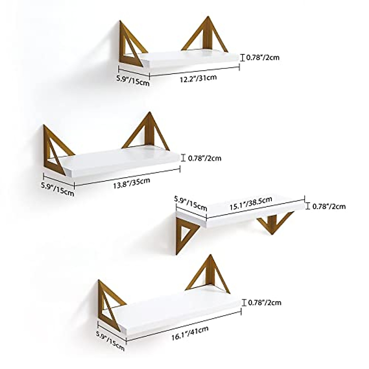 Titanape White Floating Shelves for Bedroom Living Room Decor Aesthetic, Solid Wood Wall Mounted Shelves with Gold Brackets for Bathroom Kitchen Storage Bookshelf for Wall Office Decor