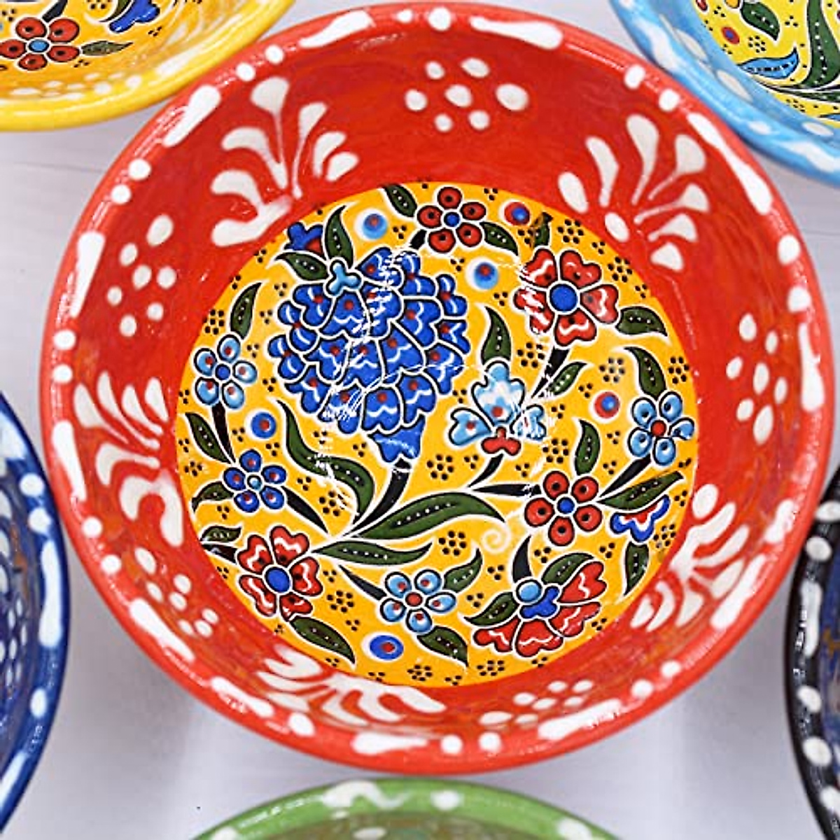 HeraCraft 6pcs Hand Painted Turkish Ceramic Snack Bowls 3.35''/8.5cm-74ml/2.5 oz Decorative Ottoman Tulips Design Multi-Purpose Cute Set - Pinch Sauce Dipping Finger Small Serving Bowls