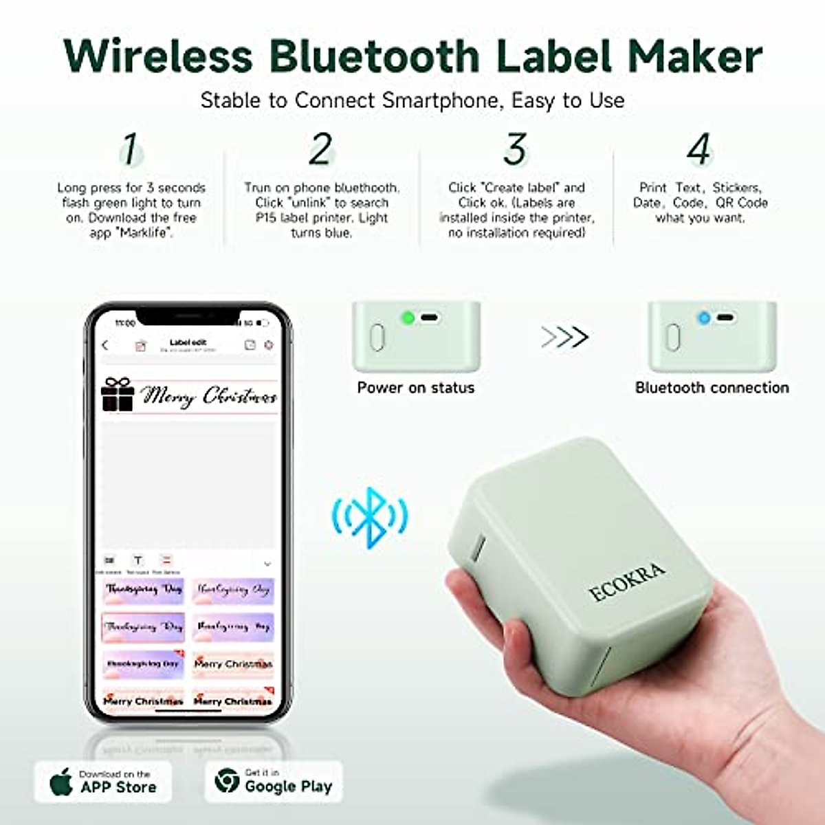 Ecokra Bluetooth Label Maker Machine with Tape,P15 Mini Thermal Label Maker for Organizing,Portable Desktop Label Printer,Sticker Printer with Multiple Templates for Office,Home,Kitchen,School