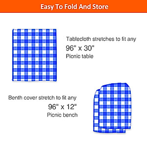 KENOBEE 8ft Picnic Table and Bench Fitted Tablecloth Cover, 96"x30" Flannel Backing Elastic Edge Waterproof Wipeable Plastic Cover Vinyl Tablecloth for Home Goods Indoor Outdoor Patio, Blue-White