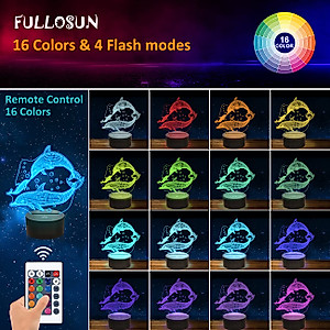 FULLOSUN Dolphin Gifts, 3D Illusion Lamp, Dolphin Night Light for Bedroom Decoration Fashion Style Gifts for Birthday Xmas with Remote Control 16 Color Change + Dim Function + 4 Flash Mode