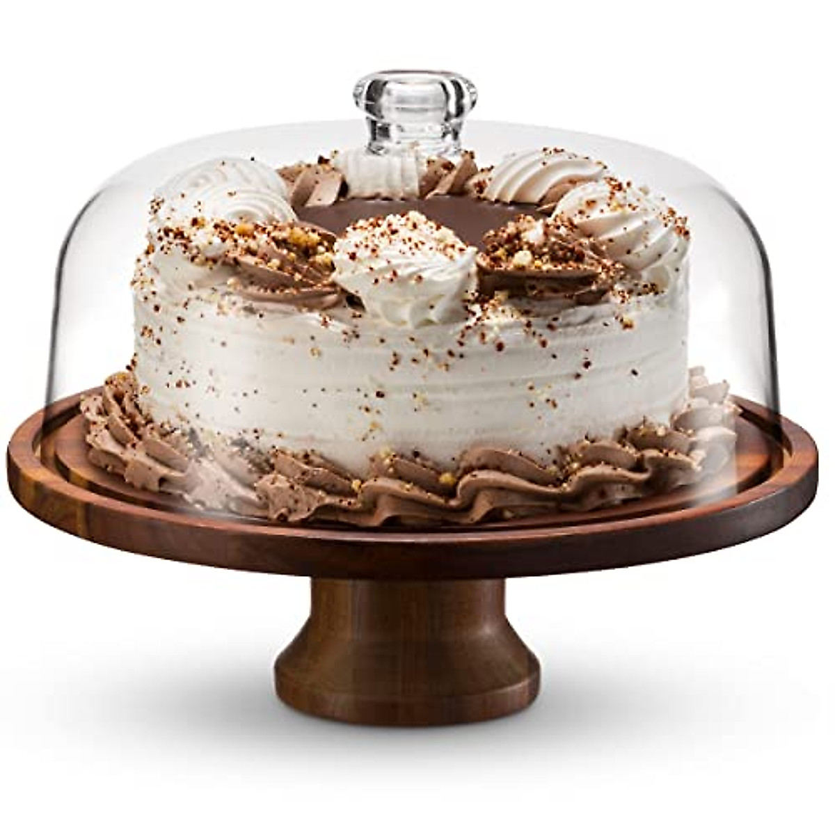 Godinger 2 in1 Salad Bowl and Cake Stand, Salad Bowl Serving Dish and Footed Cake Stand with Dome, Includes Wooden Salad Servers, Acacia Wood and BPA Free Acrylic Lid