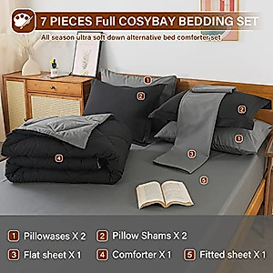 Cosybay Bed in a Bag Queen Reversible Comforter Sets 7pcs All Season Down Alternative Bedding Sets Black and Grey with Comforter, Pillow Shams, Flat Sheet, Fitted Sheet and Pillowcase